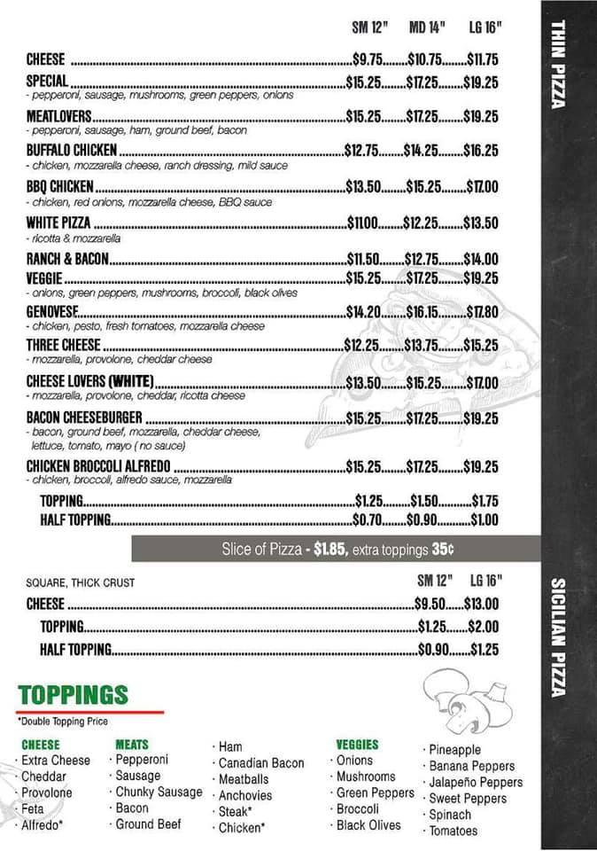 Menu at Frank's Pizza restaurant, Mont Alto