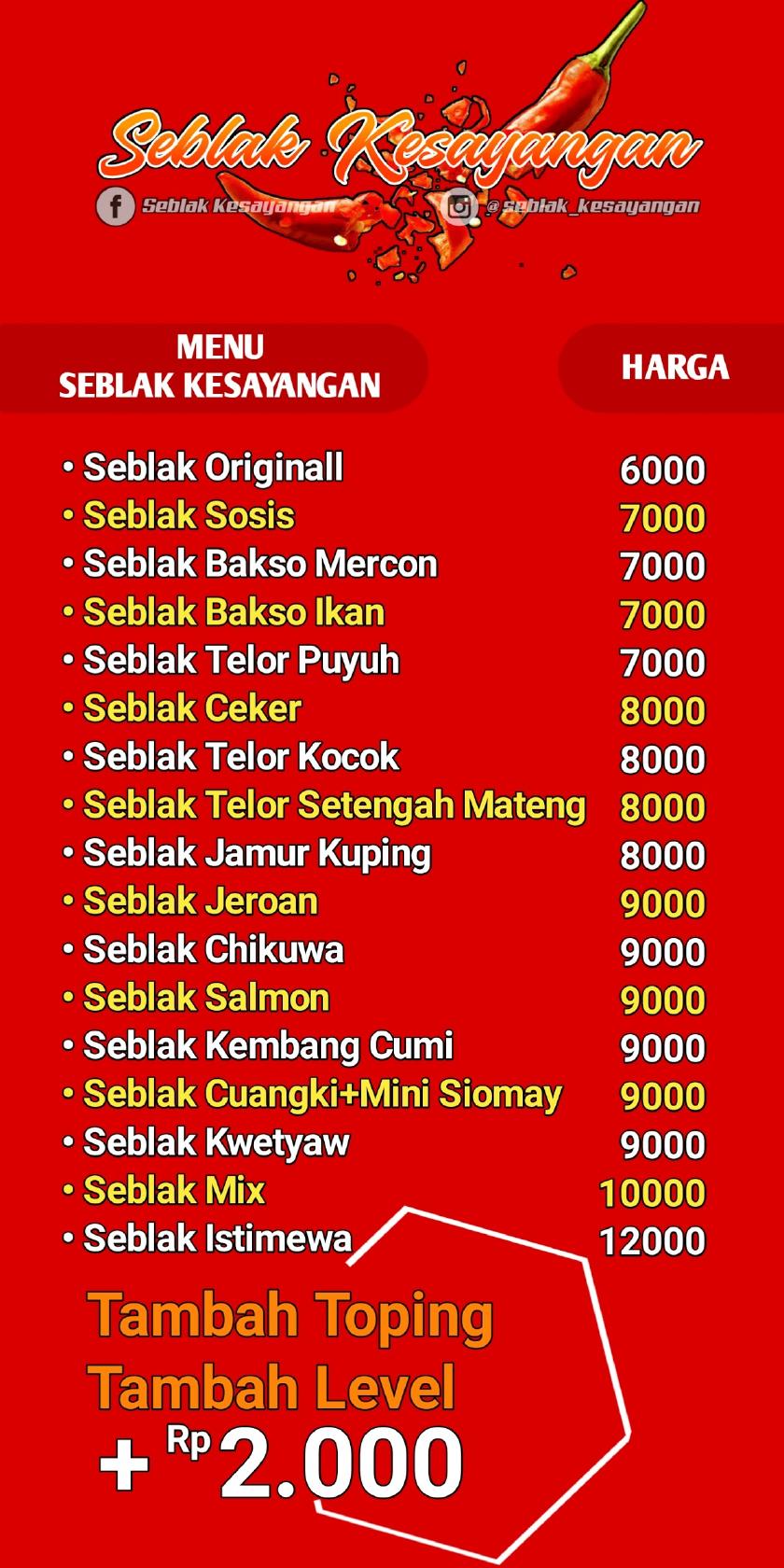 Menu at Kedai Seblak Kesayangan restaurant, Canggu