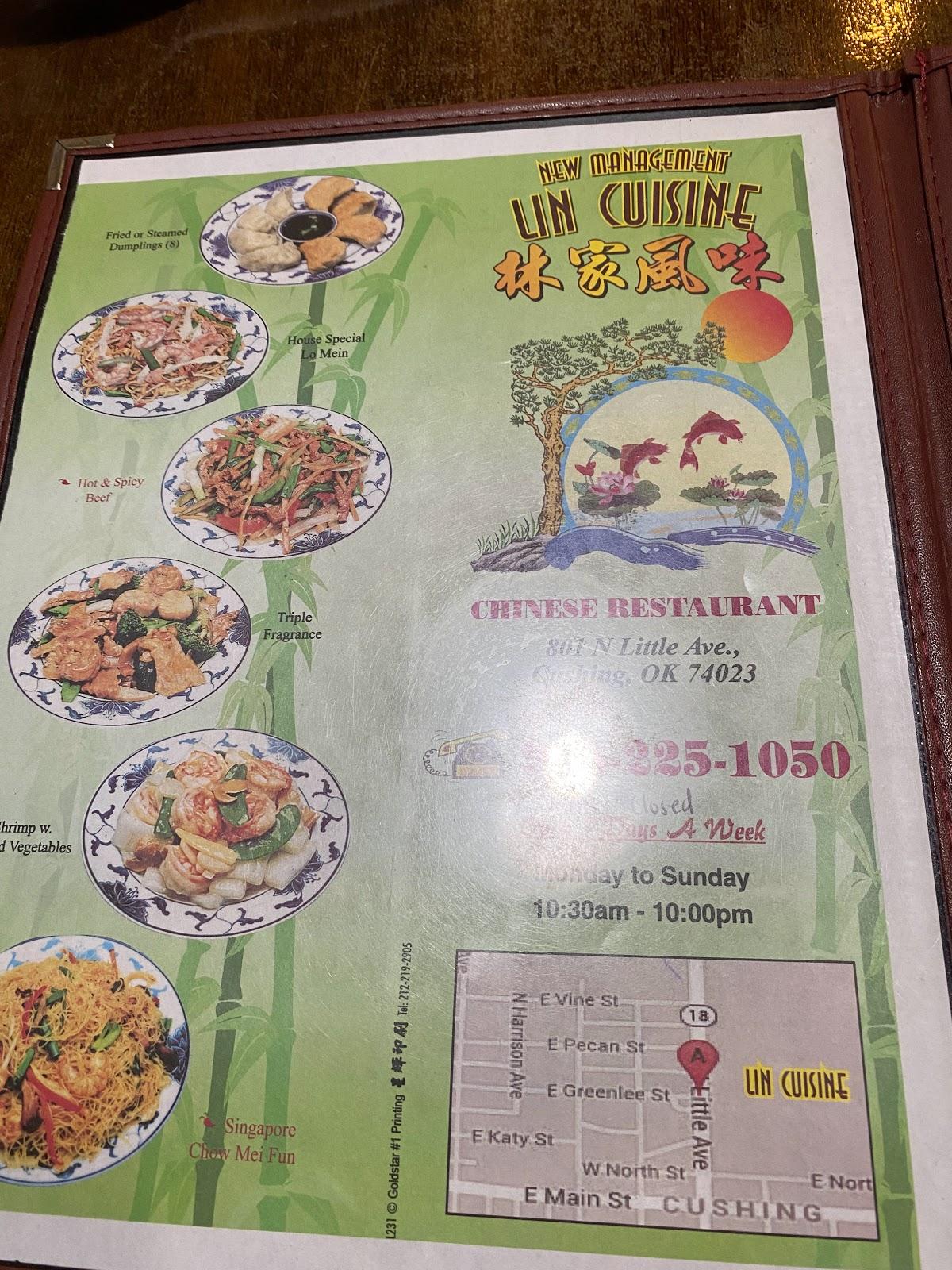 Menu at Lin Cuisine restaurant, Cushing, 801 N Little Ave