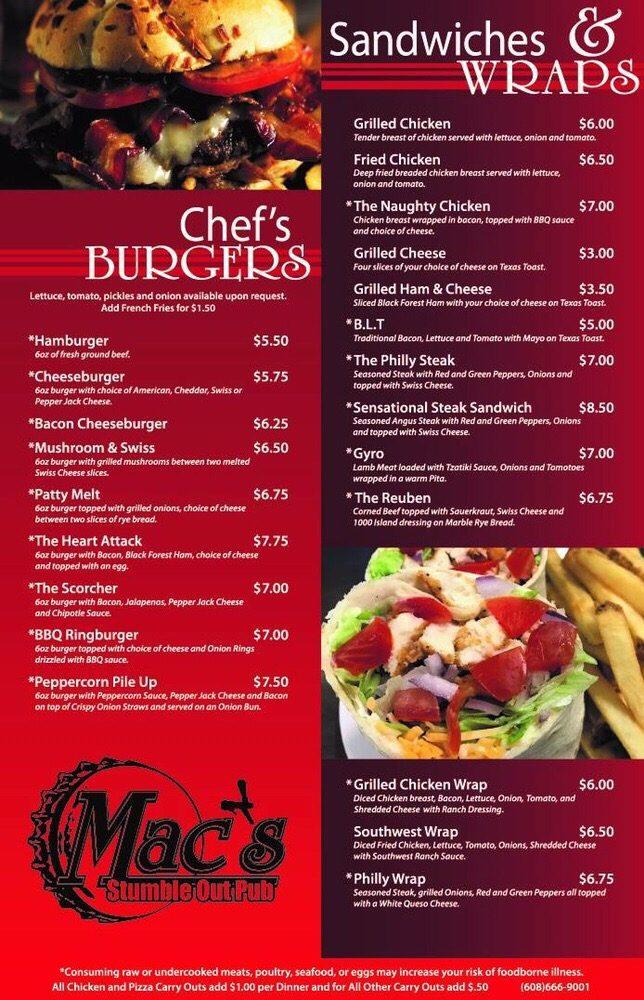 Menu at Mac's Stumble Out Pub, Lyndon Station