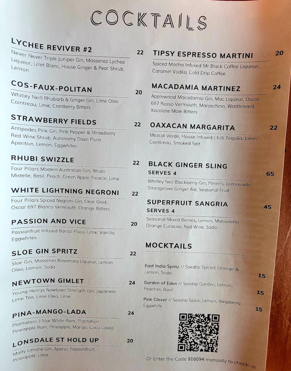 Carta del pub y bar Tipsy Bull, Braddon