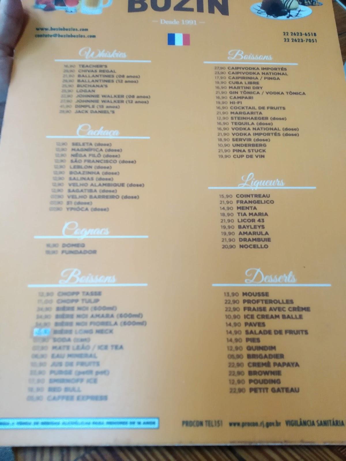 Menu at Buzin pub & bar, Armação dos Búzios, R. Manoel Turíbio de Farias