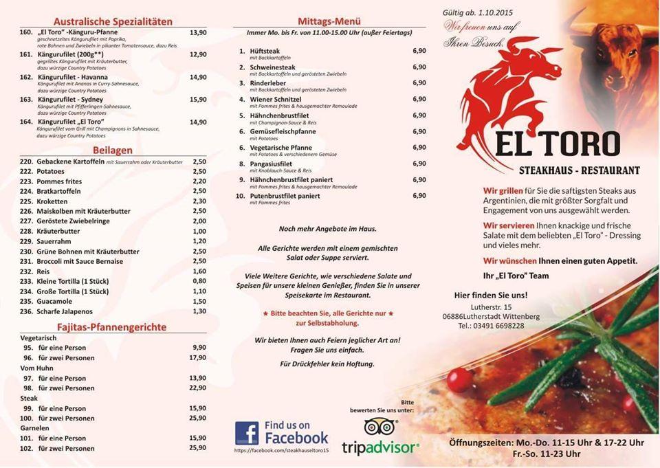 Menu at El Toro BBQ, Wittenberg, Lutherstraße 15