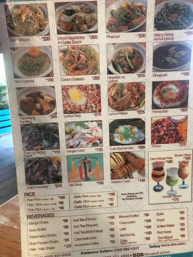 Menu at House of Lechon restaurant, Cebu City, Acacia St