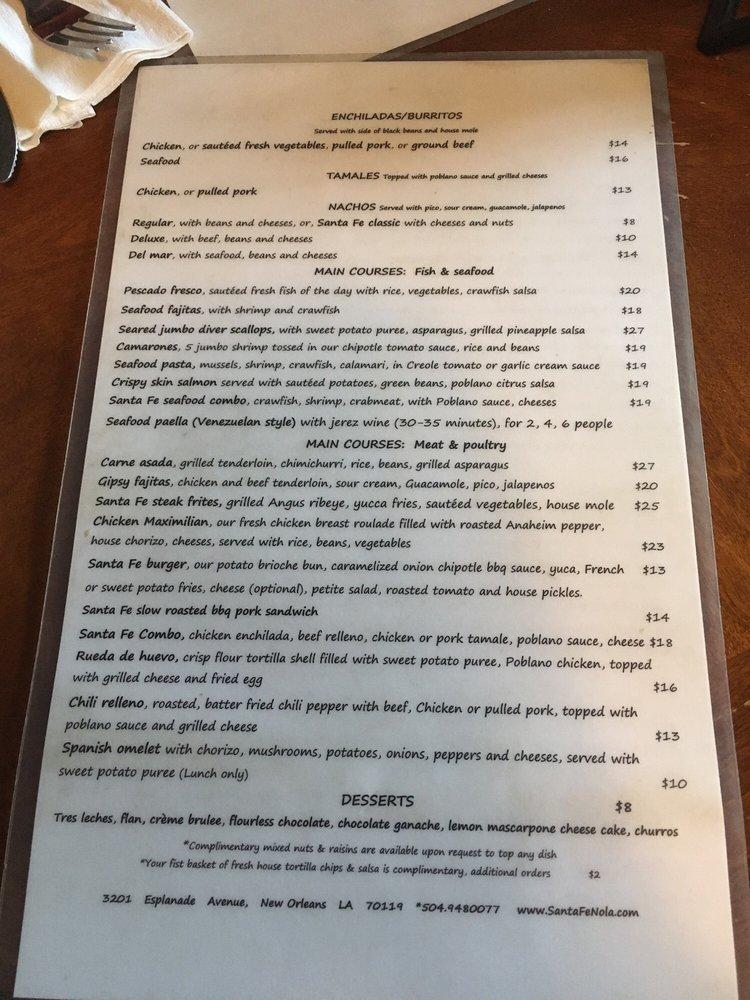 Menu at Santa Fe restaurant, New Orleans, Esplanade Ave
