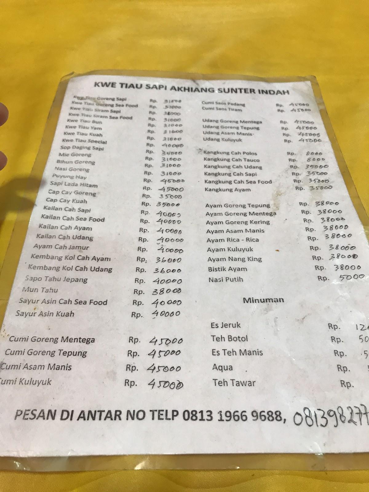 Menu at Kwetiauw Sapi Akhiang restaurant, North Jakarta, Jalan Taman ...