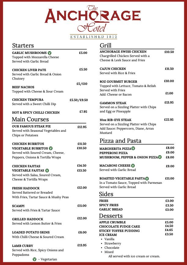 Menu at Anchorage Hotel pub & bar, Troon
