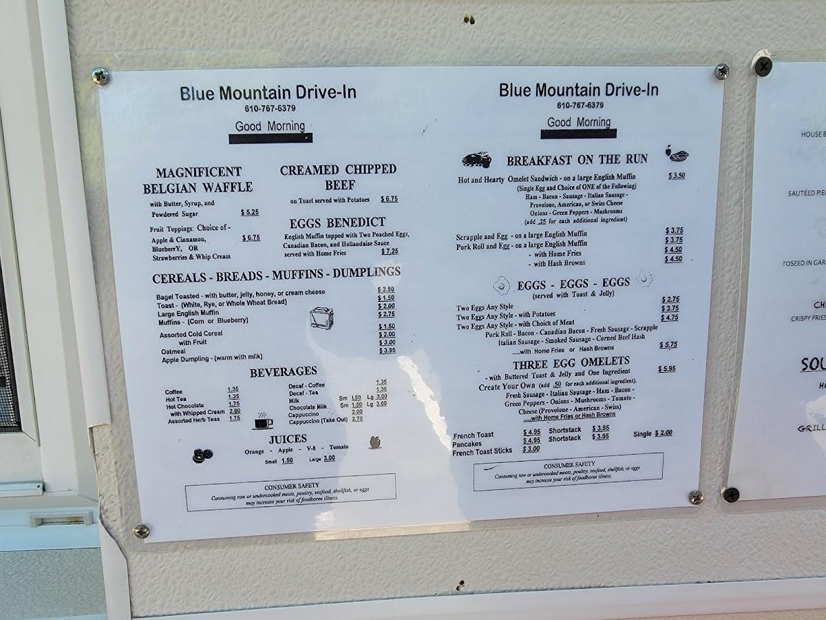 Menu at Blue Mountain Drive-In restaurant, Danielsville, Blue Mountain Dr