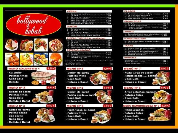 Menu at Bollywood kebab restaurant, Baena