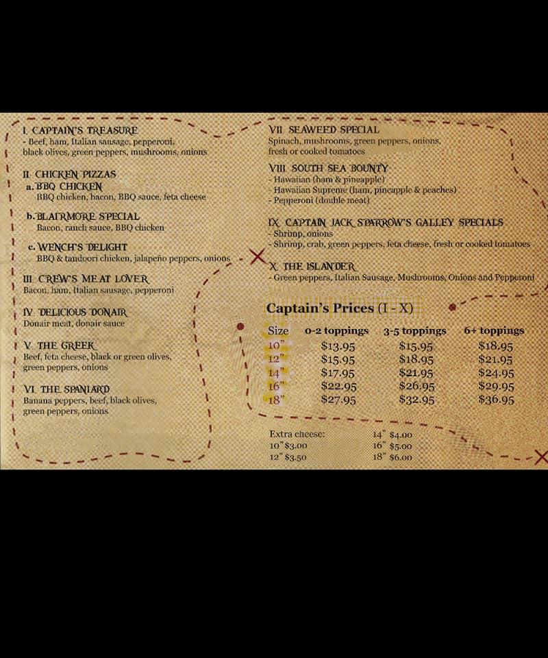 Menu at Captain's Pizza restaurant, Crowsnest Pass