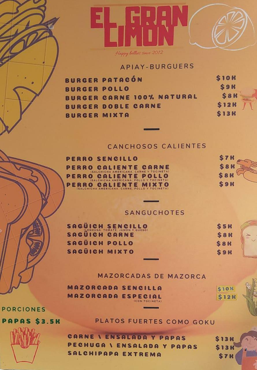 Menu at El Gran Limón restaurant, Villavicencio
