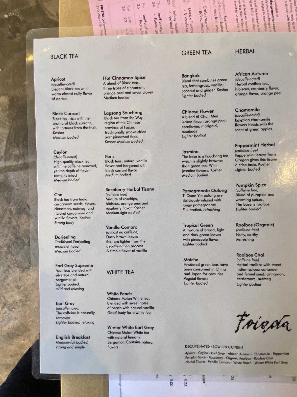 Menu at FRIEDA cafe, Philadelphia