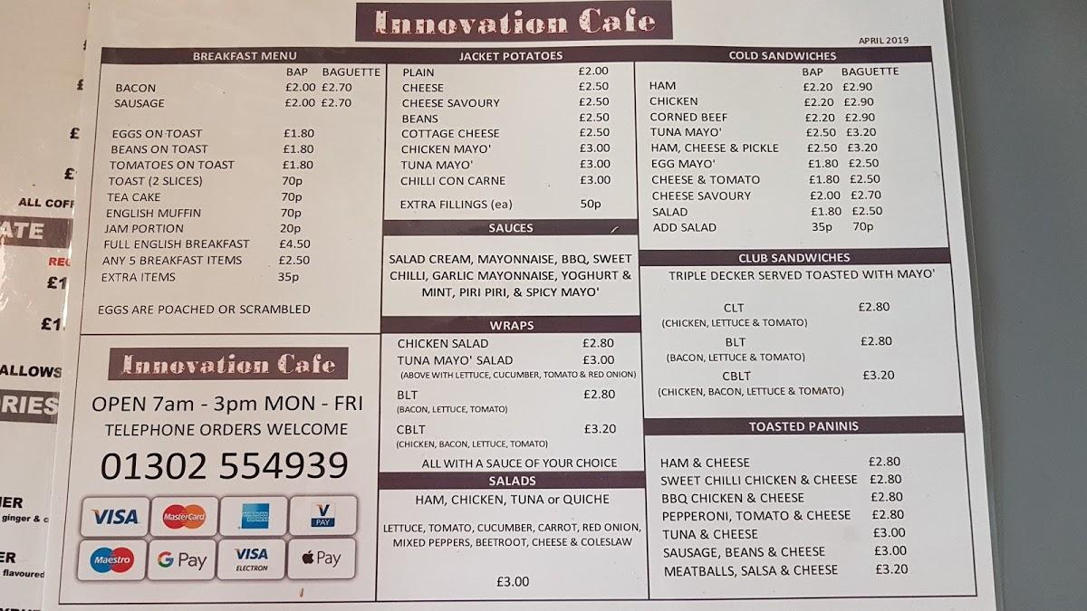 Menu at Innovation cafe, Doncaster