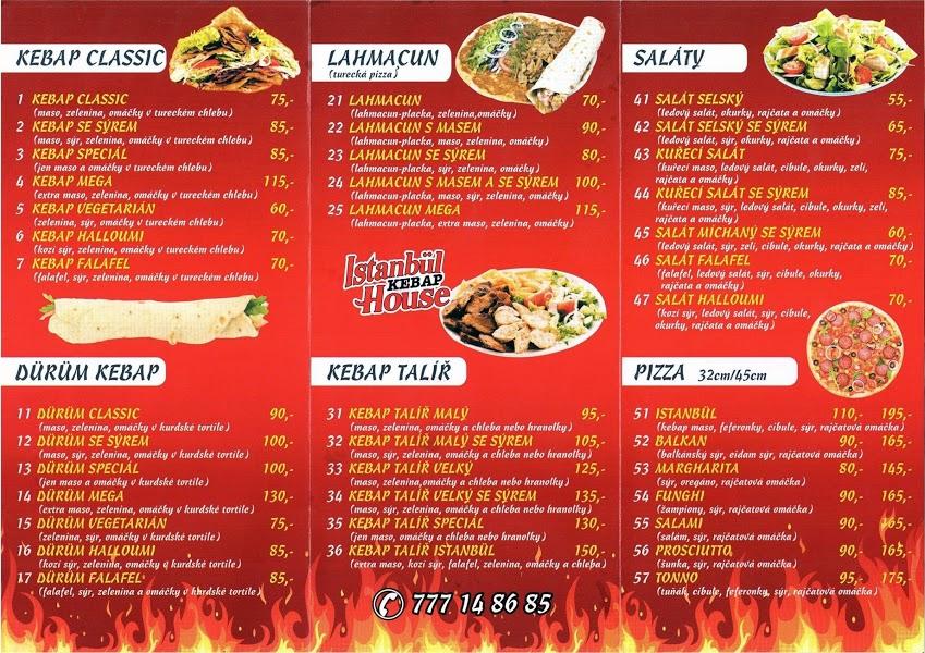 Menu at Istanbul Kebab House restaurant, Mariánské Lázně