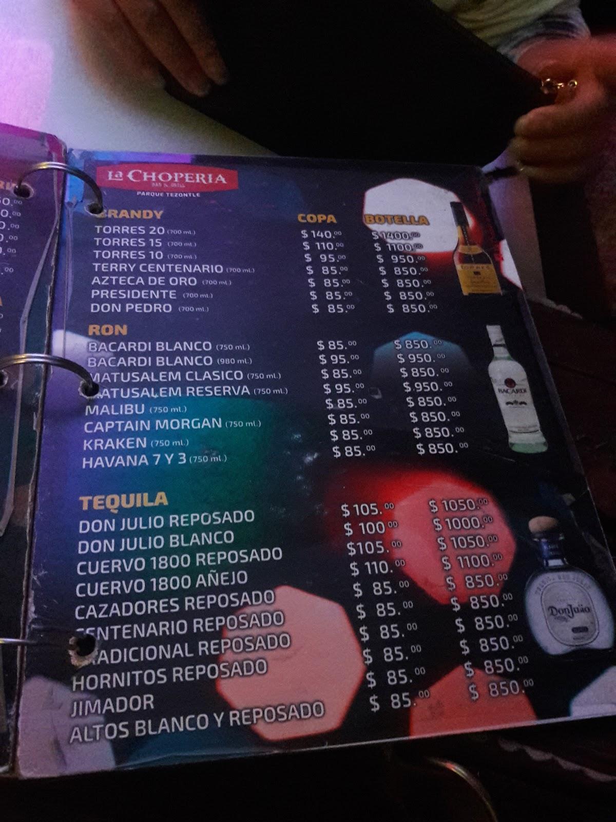 Carta del pub y bar La Choperia, Ciudad del México, Encomenderos n 70