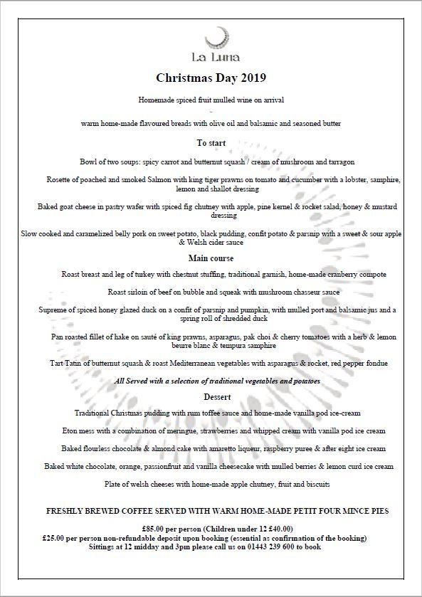 Menu at La Luna restaurant, Pontyclun
