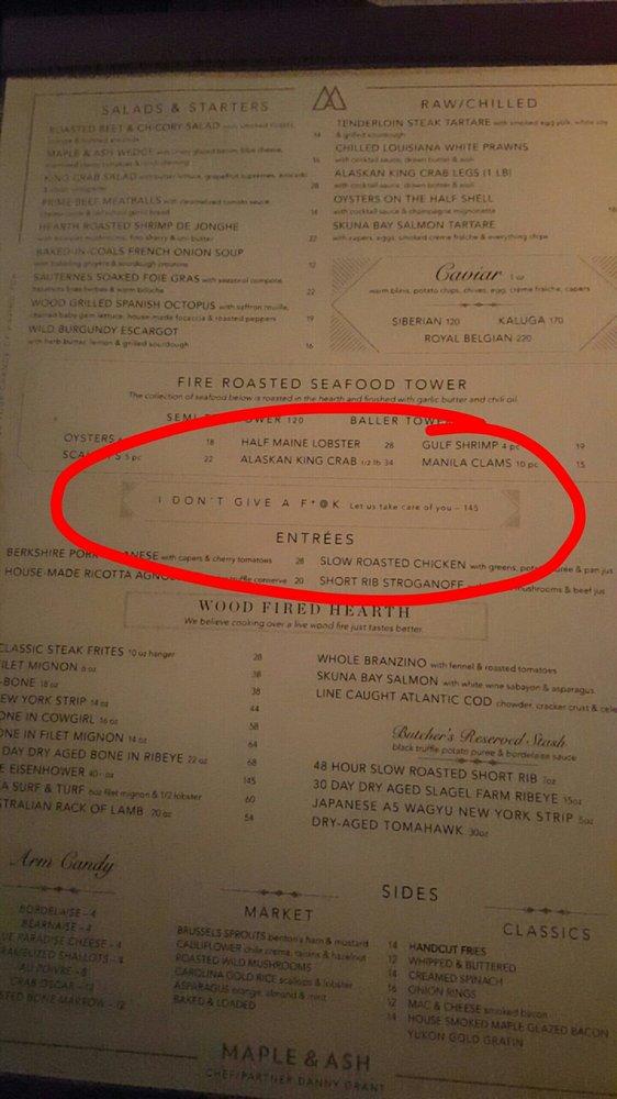 Menu at Maple & Ash steakhouse, Chicago