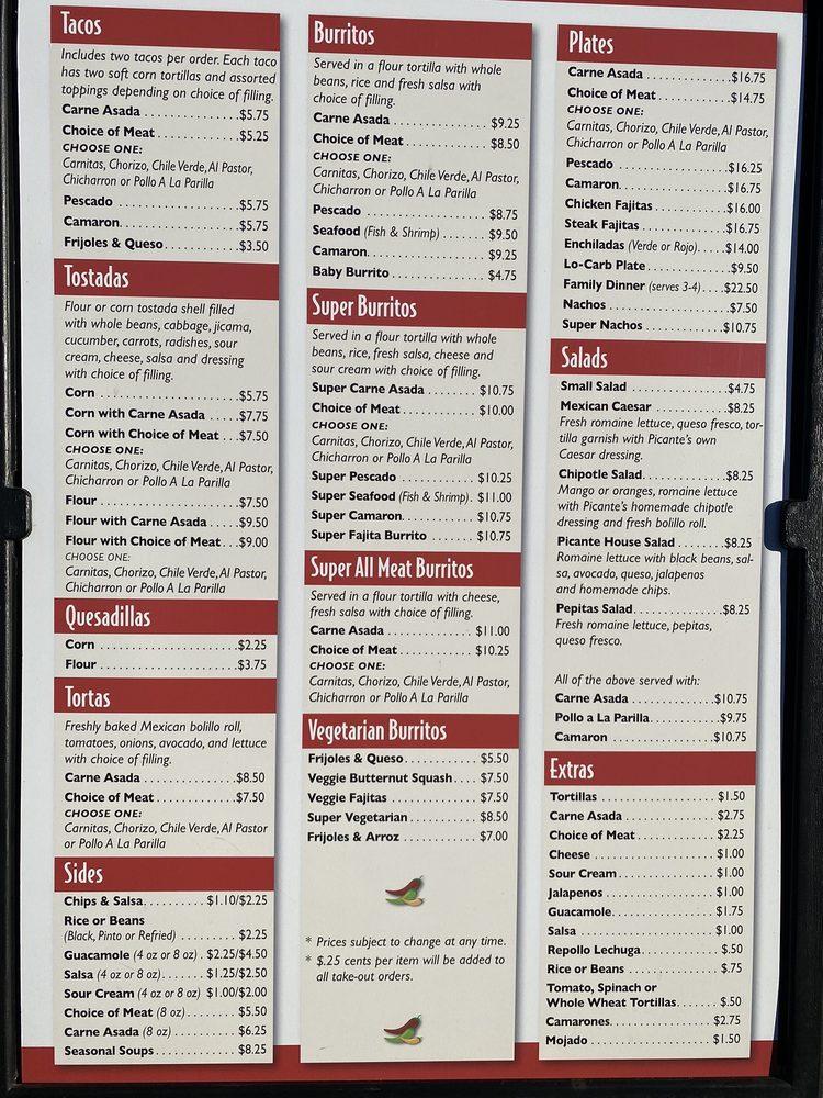 Menu at Picante restaurant, San Rafael