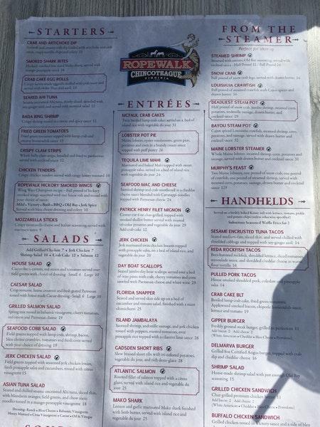 Menu at Ropewalk Restaurant - Chincoteague, Chincoteague Island