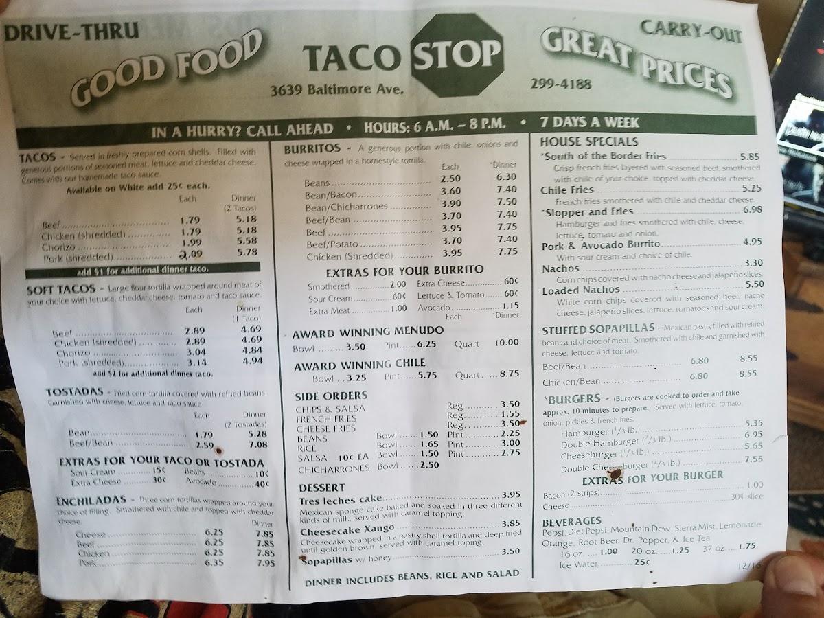Carta del restaurante Taco Stop, Pueblo, Baltimore Ave