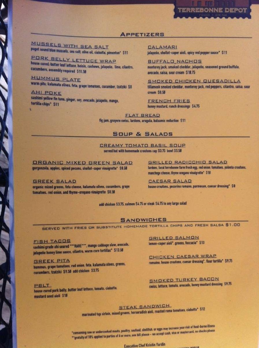 Menu at Terrebonne Depot restaurant, Terrebonne