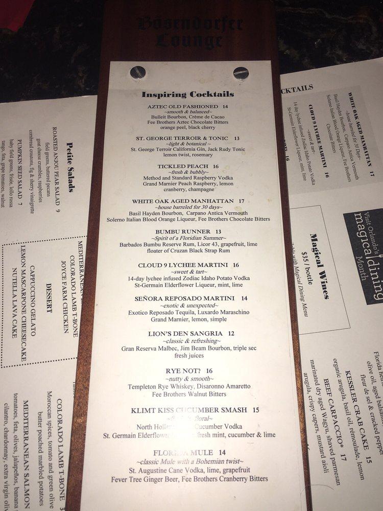 Menu at The Boheme pub & bar, Orlando, Grand Bohemian Hotel Orlando