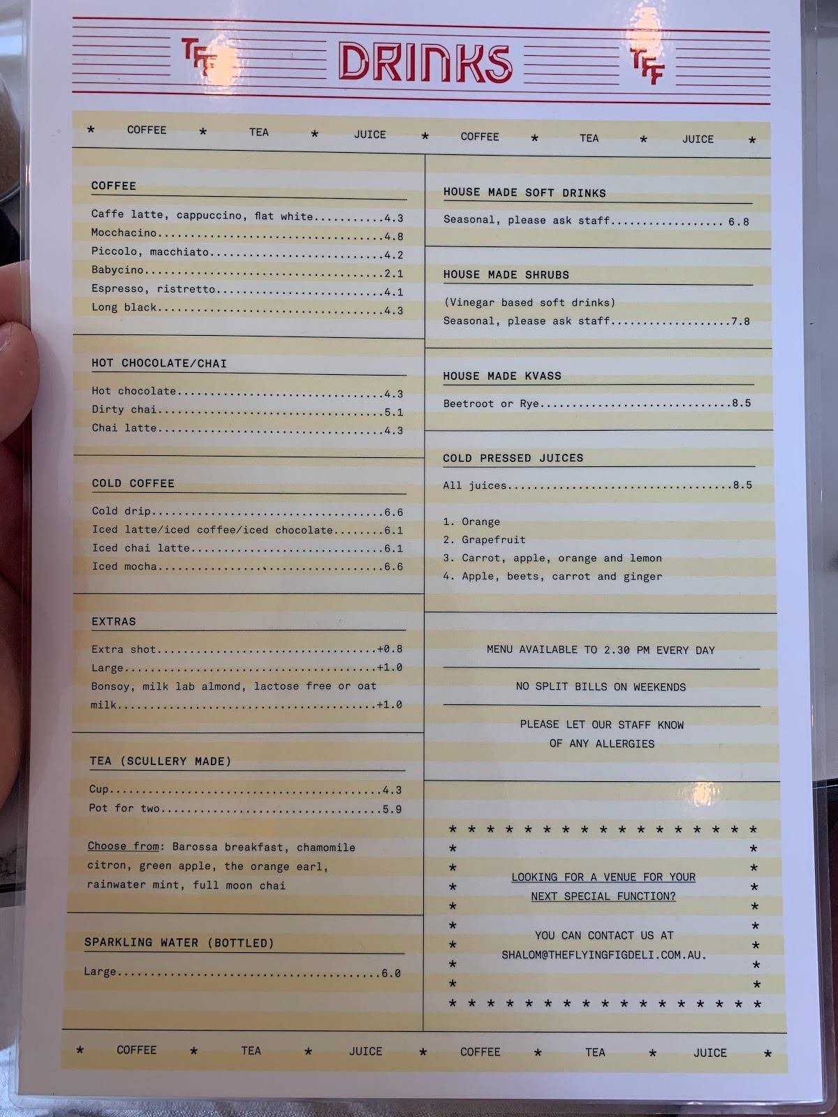Menu at The Flying Fig desserts, North Adelaide