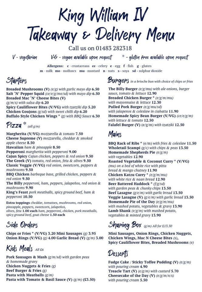 Menu at The King William Ⅳ Pub, East Horsley
