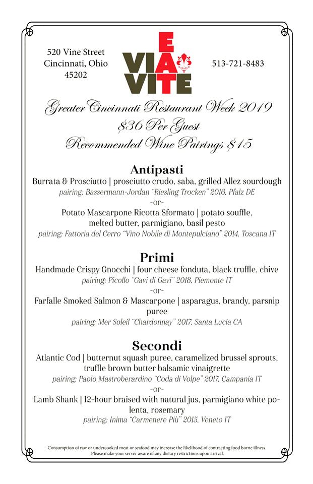 Menu at Via Vite restaurant, Cincinnati