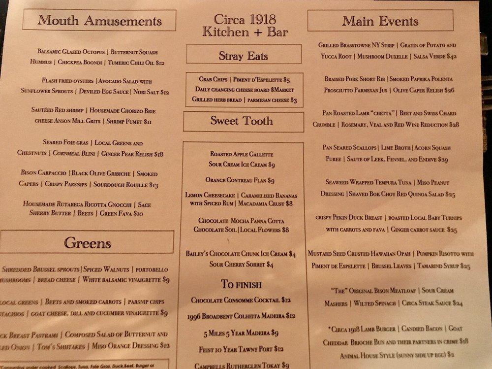 Menu at Circa 1918 Kitchen and bar, Newport News