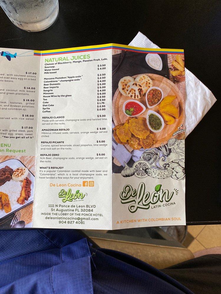 Menu at De Leon Latin Cocina restaurant, St. Augustine