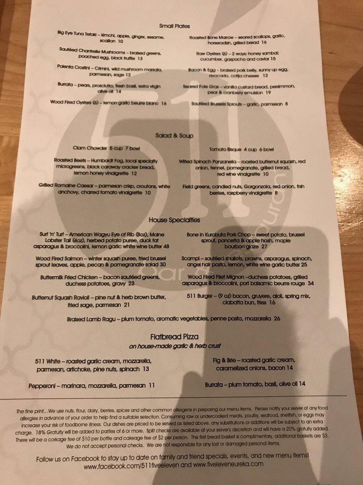 Menu at Five Eleven pub & bar, Eureka