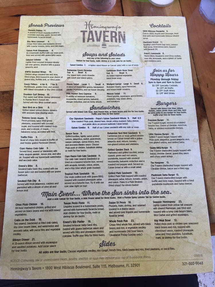 Menu at Hemingway's Tavern restaurant, Melbourne, W Hibiscus Blvd # 115