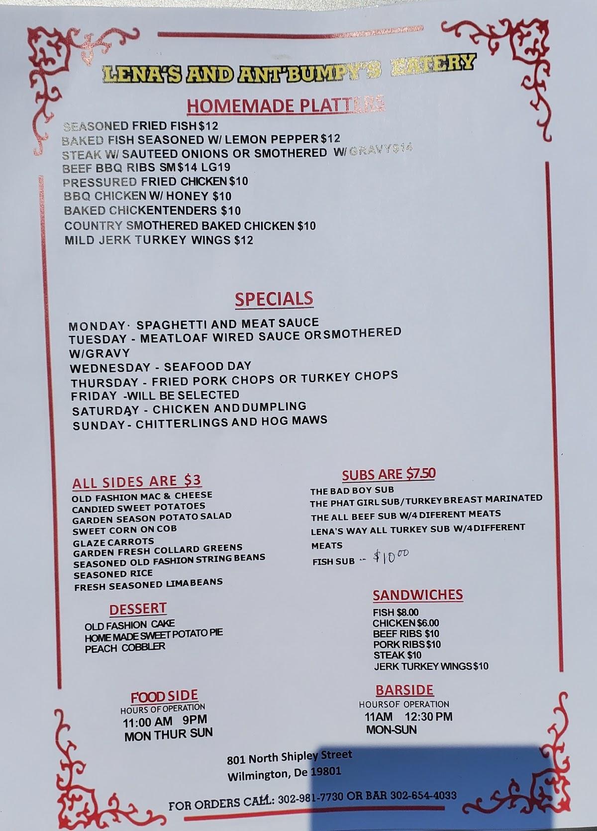 Menu at Lena’s and Ant'Bumpy's Eatery Soulfood restaurant, Wilmington