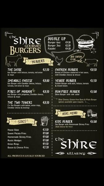 Menu at The Shire pub & bar, Ireland