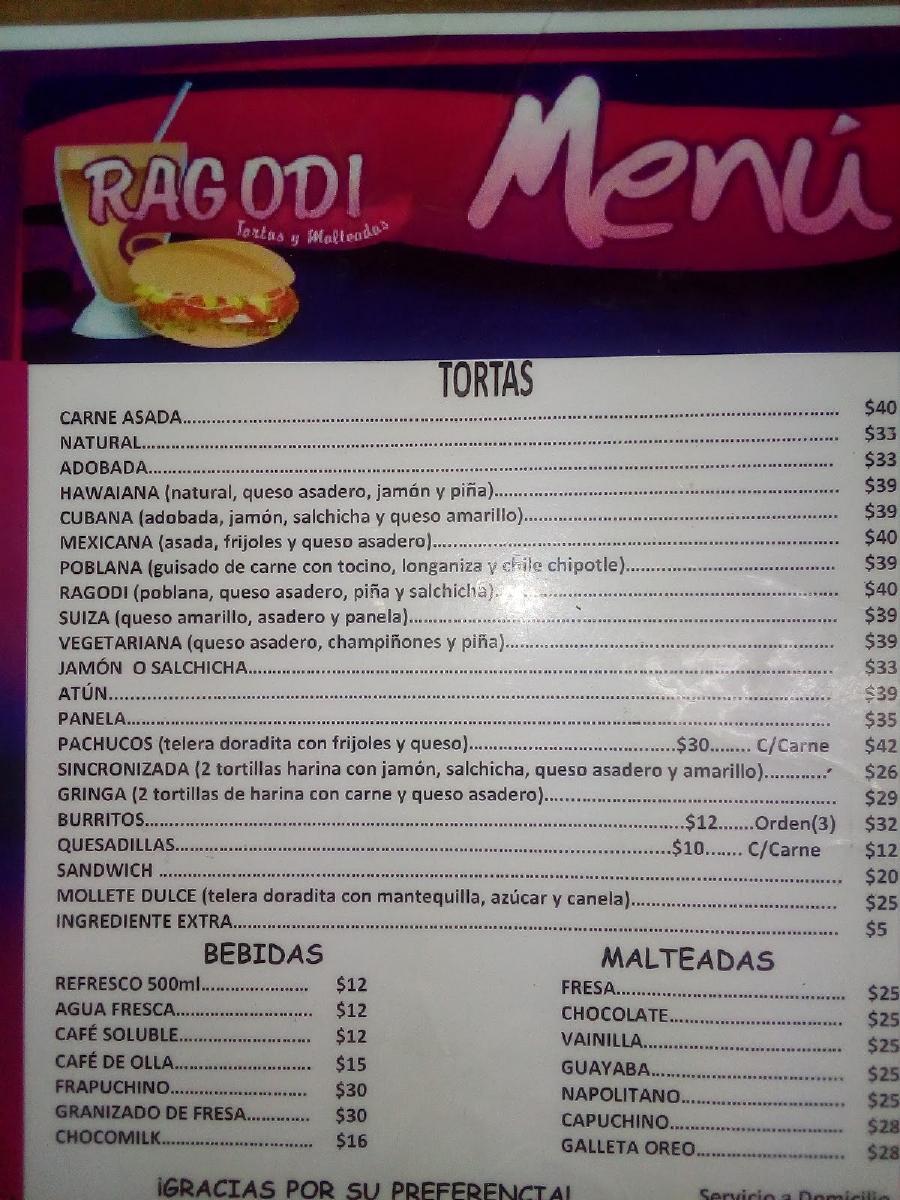 Menu at Tortas Y Malteadas Ragodi restaurant, Colima