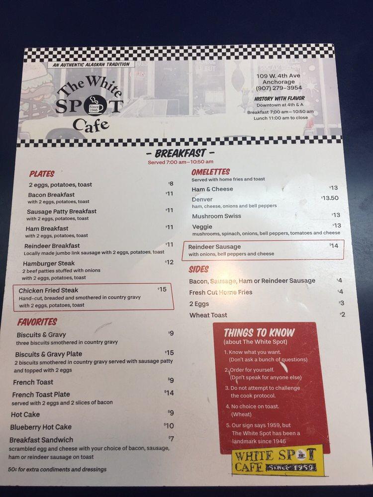 Menu at White Spot Cafe, Anchorage