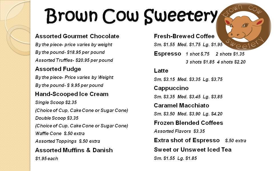 Menu at Brown Cow Sweetery cafe, Okeechobee