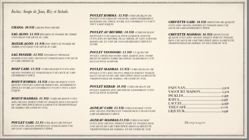 Menu au Cari Doré restaurant, Québec, 105-B Ch Ste-Foy