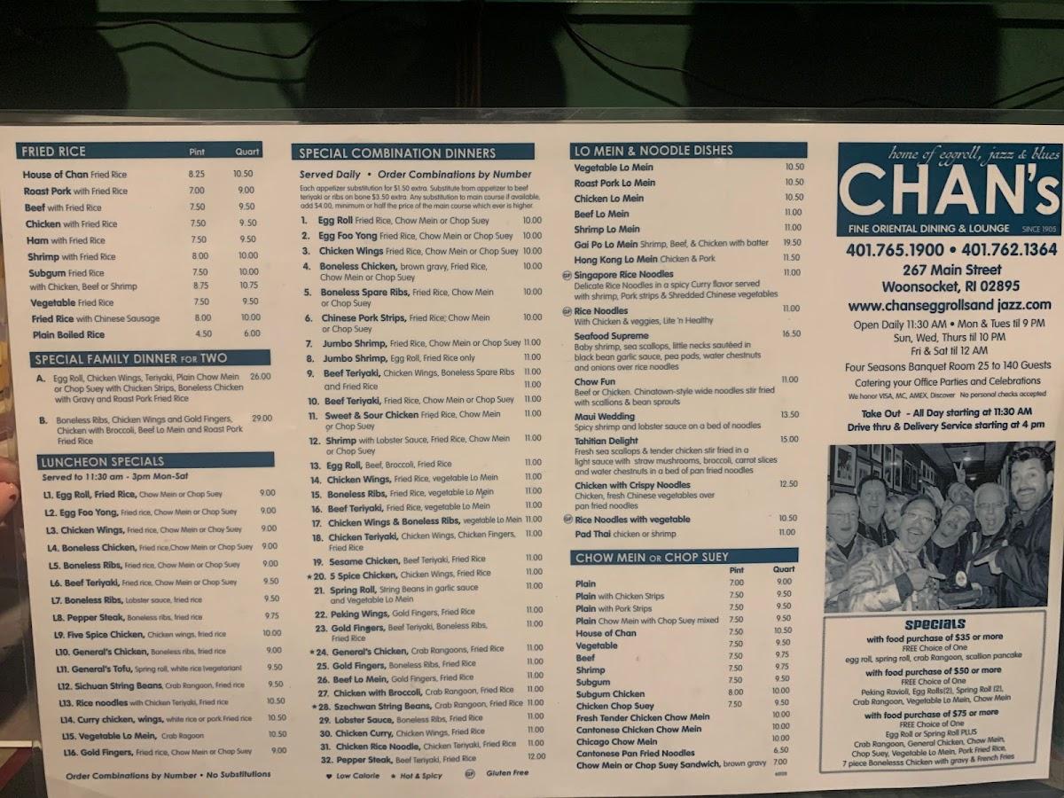 Menu at Chan's Fine Oriental Dining restaurant, Woonsocket