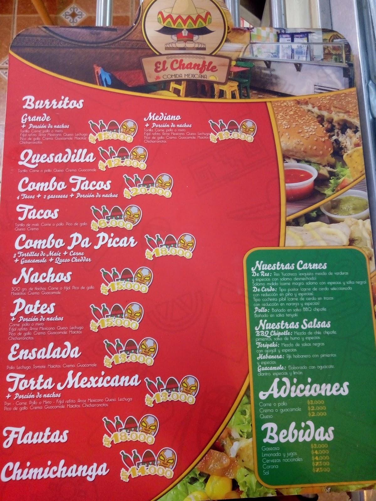 Carta del restaurante El Chanfle, Colombia