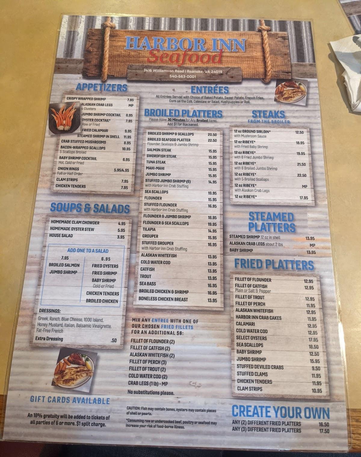 Menu at Harbor Inn Seafood restaurant, Roanoke