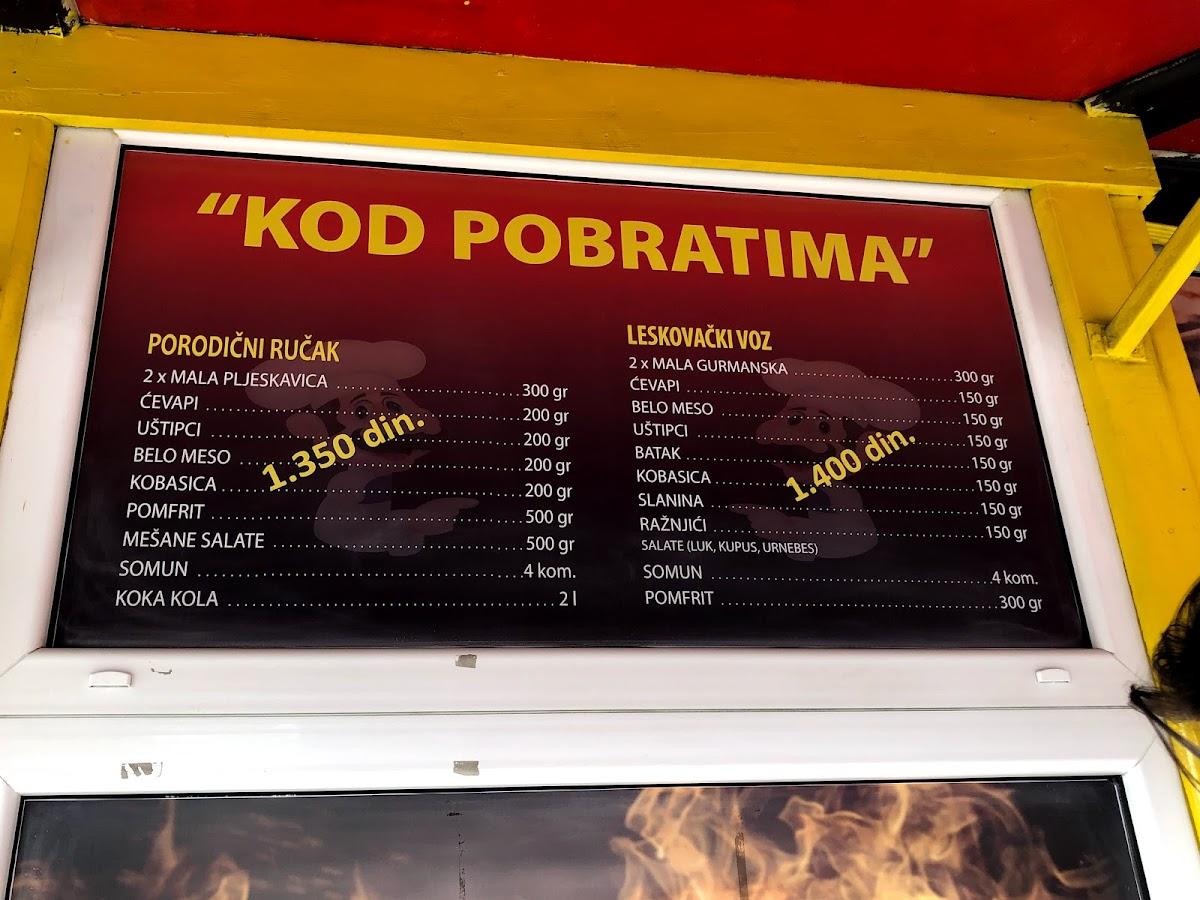 Menu at Kod Pobratima restaurant, Belgrade, Bulevar Peka Dapčevića 253a