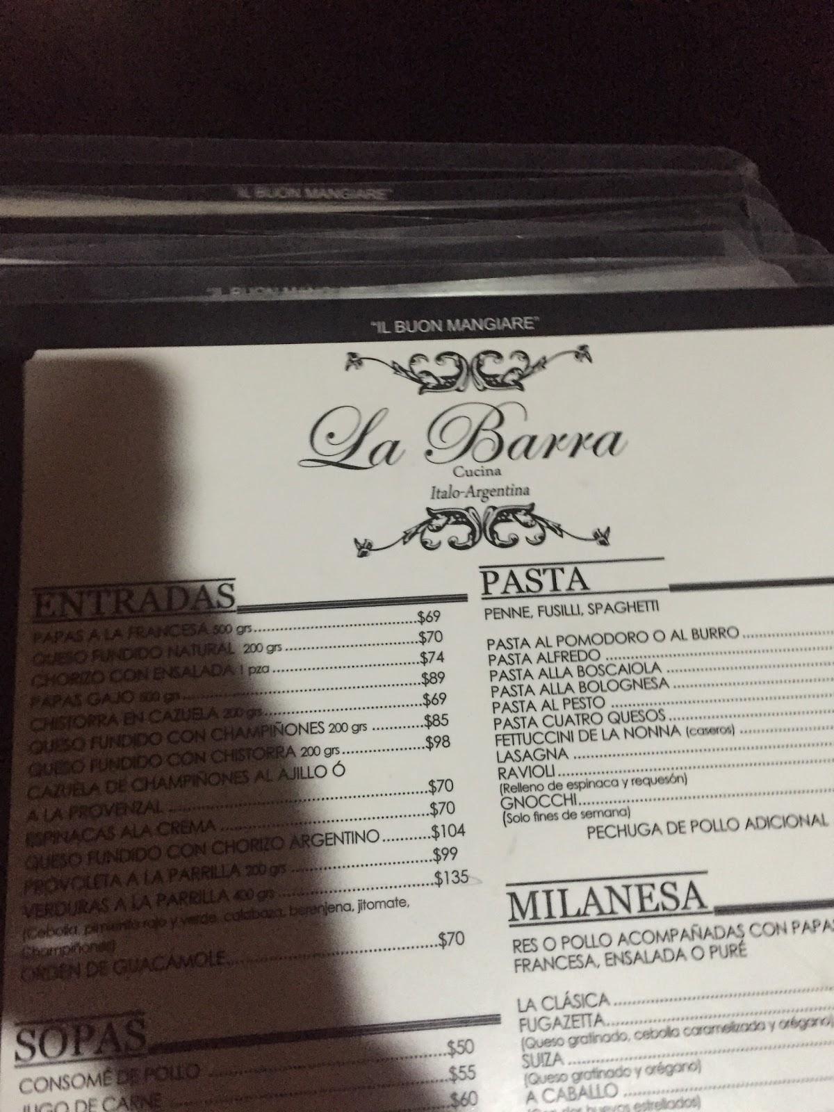 Menu at LA BARRA ARGENTINA, Mexico City