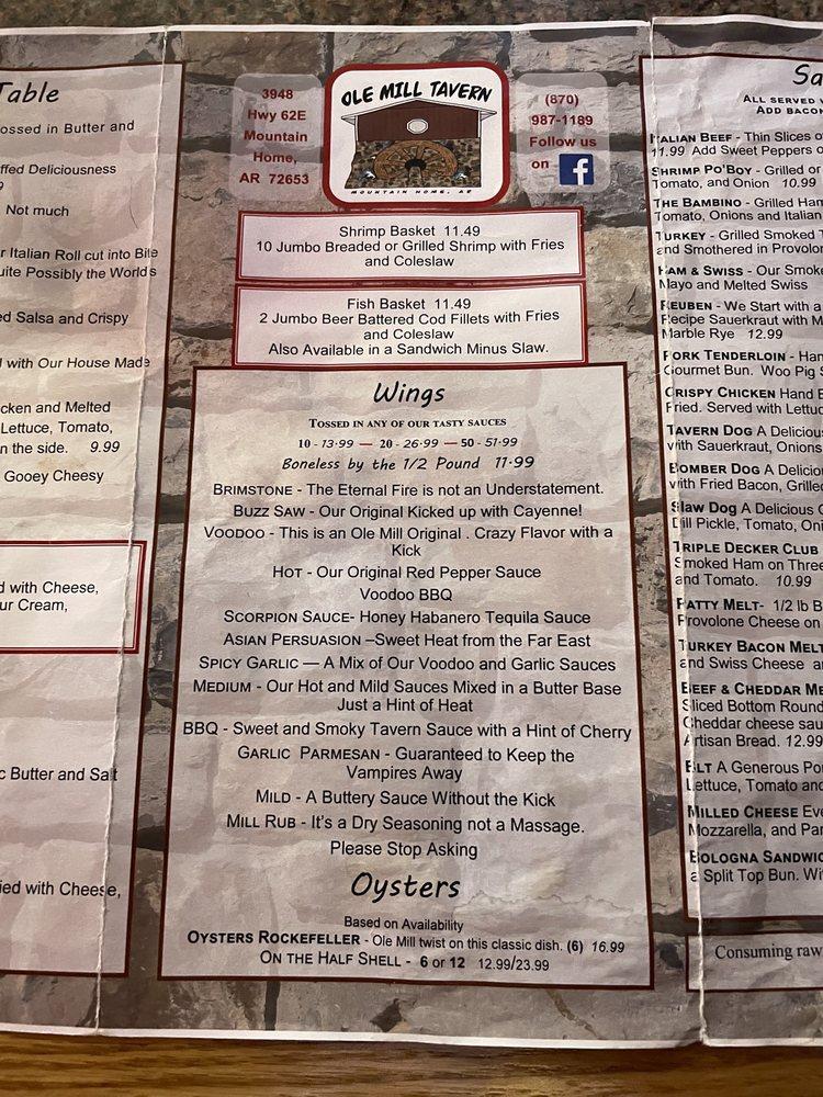 Menu at Ole Mill Tavern pub & bar, Mountain Home, US-62