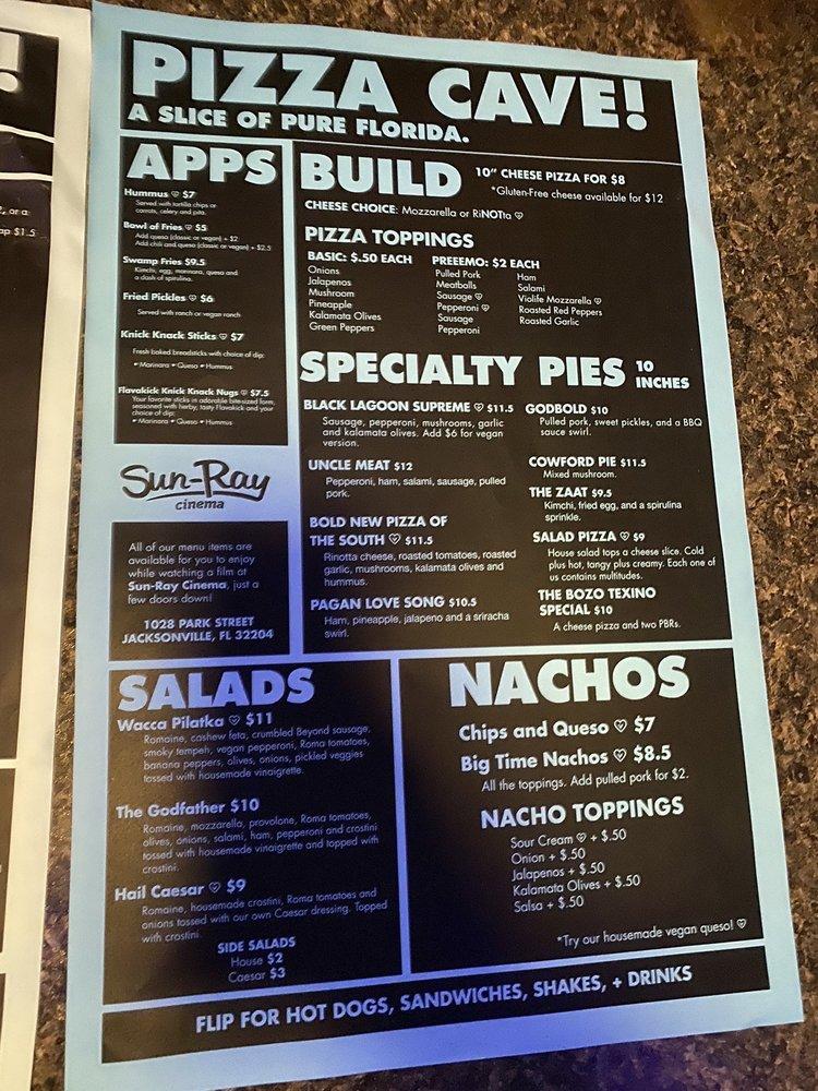 Menu at Pizza Cave pizzeria, Jacksonville