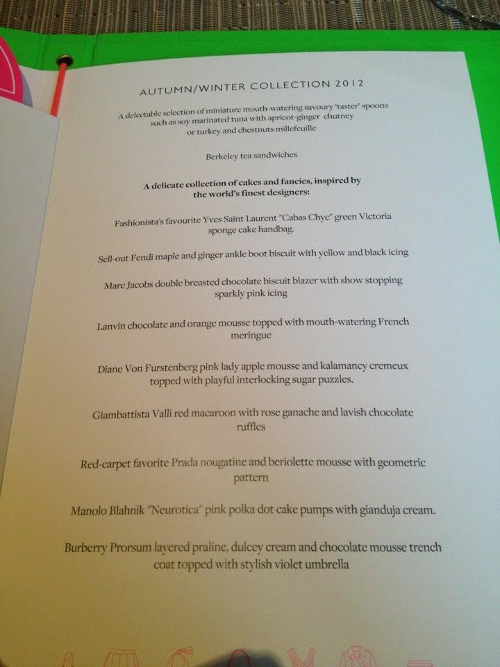 Menu at Pret-a-Portea restaurant, London