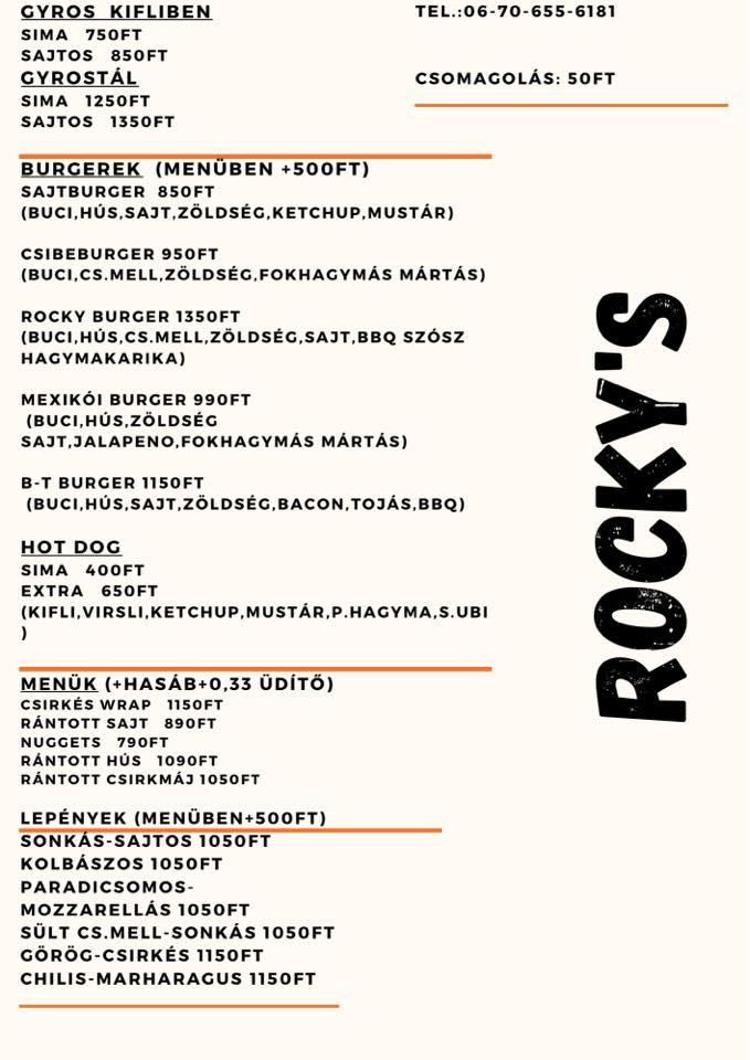 Menu at Rocky's restaurant, Záhony