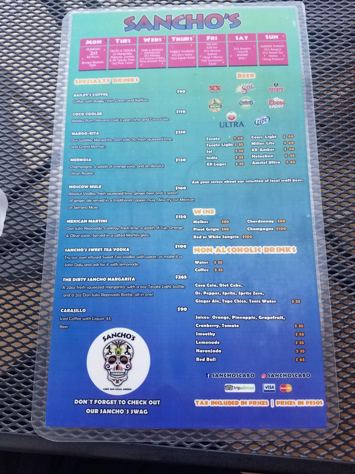 Menu at Sancho's Bar, Cabo San Lucas