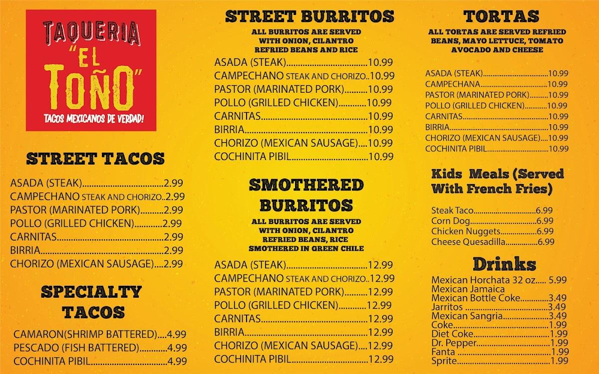 Menu at Tacos El Toño restaurant, Aurora